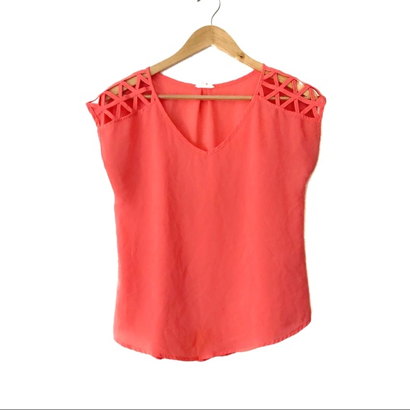 Tops | Em Neon Coral Cutout Short Sleeve Semisheer Top | Poshmark